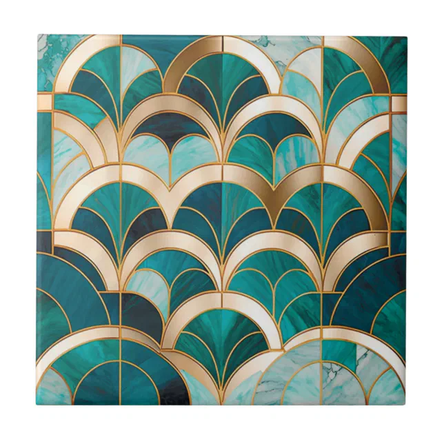 Luxury Marble Mosaic Art Deco Turquoise Blue Gold Ceramic Tile | Zazzle