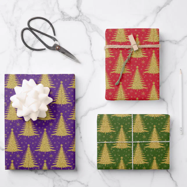 Luxury Metallic Gold Christmas Trees Pattern Wrapping Paper Sheets | Zazzle
