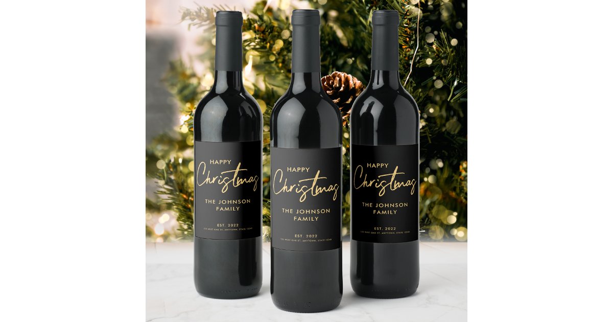 Luxury Modern Black Christmas Wine Label | Zazzle