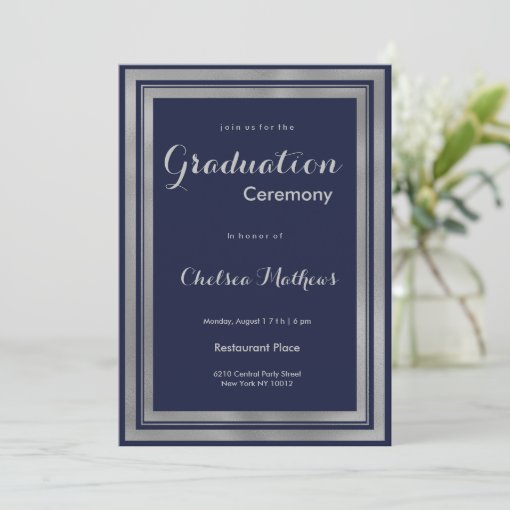 Luxury modern navy blue silver Graduation Invitation | Zazzle