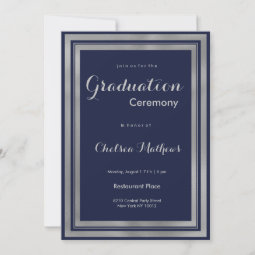 Luxury modern navy blue silver Graduation Invitation | Zazzle
