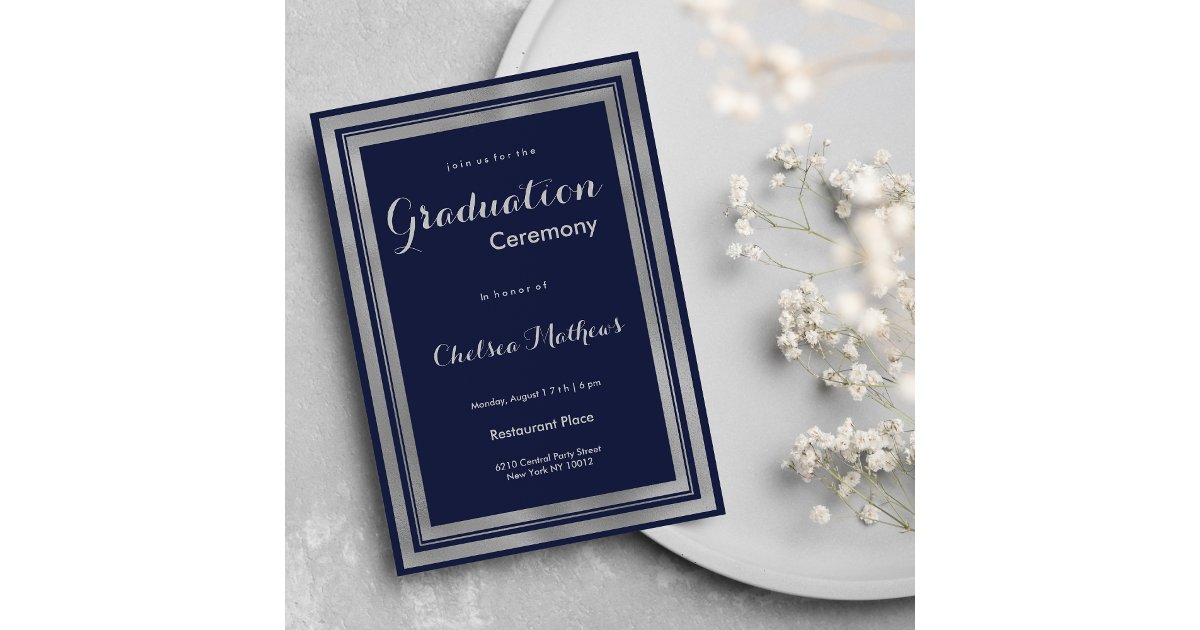 Luxury modern navy blue silver Graduation Invitation | Zazzle
