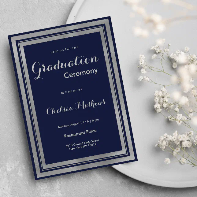 Luxury modern navy blue silver Graduation Invitation | Zazzle