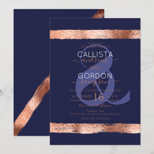 Luxury Navy Rose Gold Brushstroke Border Wedding Invitation | Zazzle.com