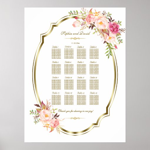 Luxury Pink Blush Floral Gold Frame Seating Chart | Zazzle
