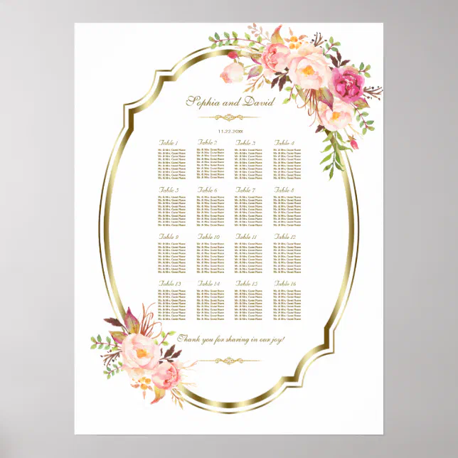 Luxury Pink Blush Floral Gold Frame Seating Chart | Zazzle