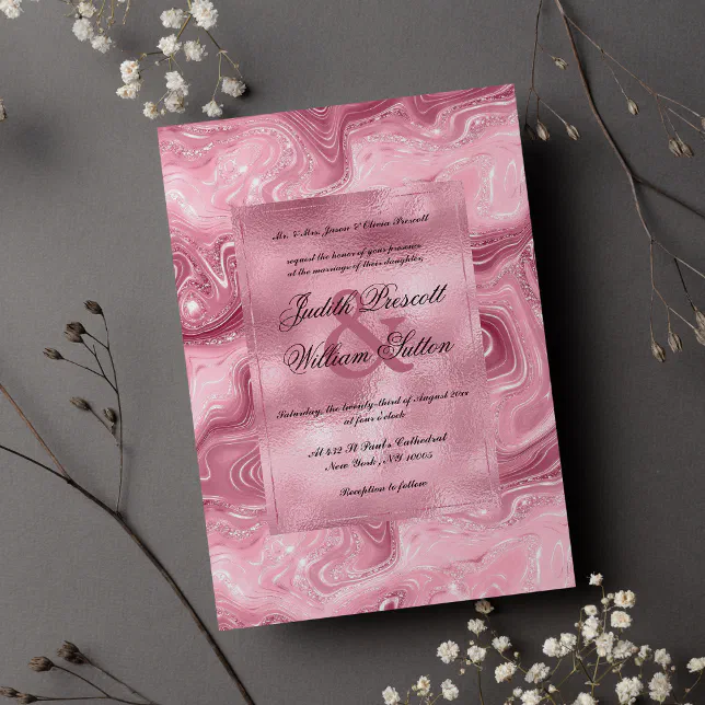 Luxury pink burgundy glitter marble Wedding Invitation | Zazzle