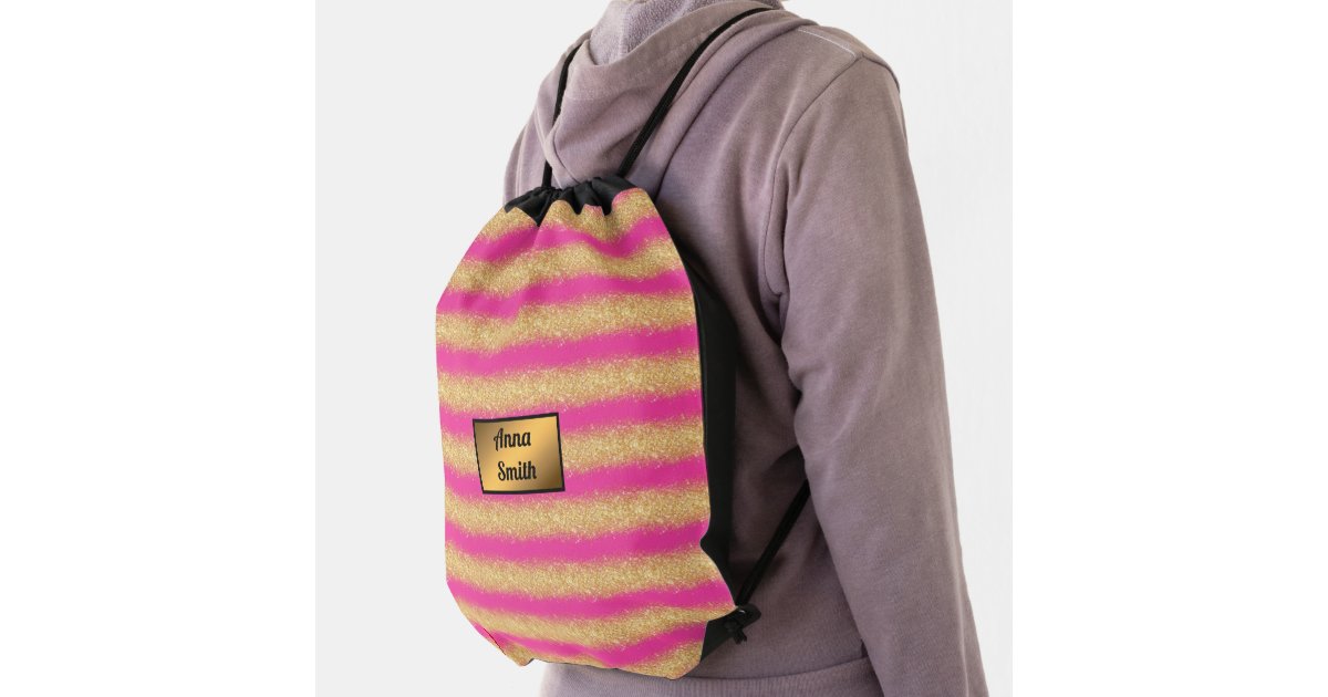 Luxury Pink Monogrammed Gold Glitter Drawstring Bag | Zazzle