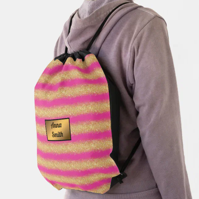 Luxury Pink Monogrammed Gold Glitter Drawstring Bag | Zazzle