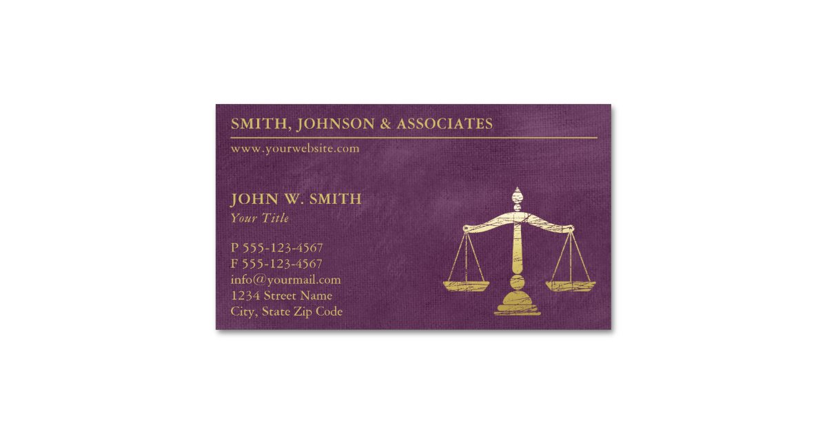 Luxury Purple Lawyer Scales of Justice Gold Look Magnetic Business Card ...