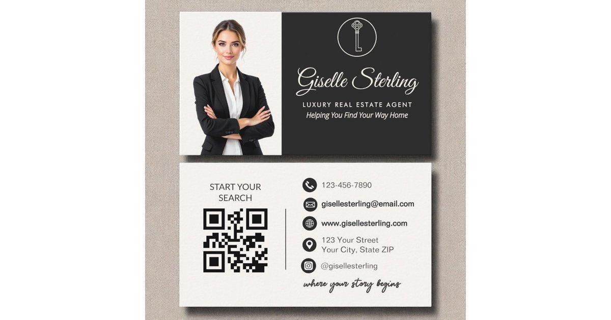Luxury Real Estate Agent Neutral Photo QR Code Business Card | Zazzle