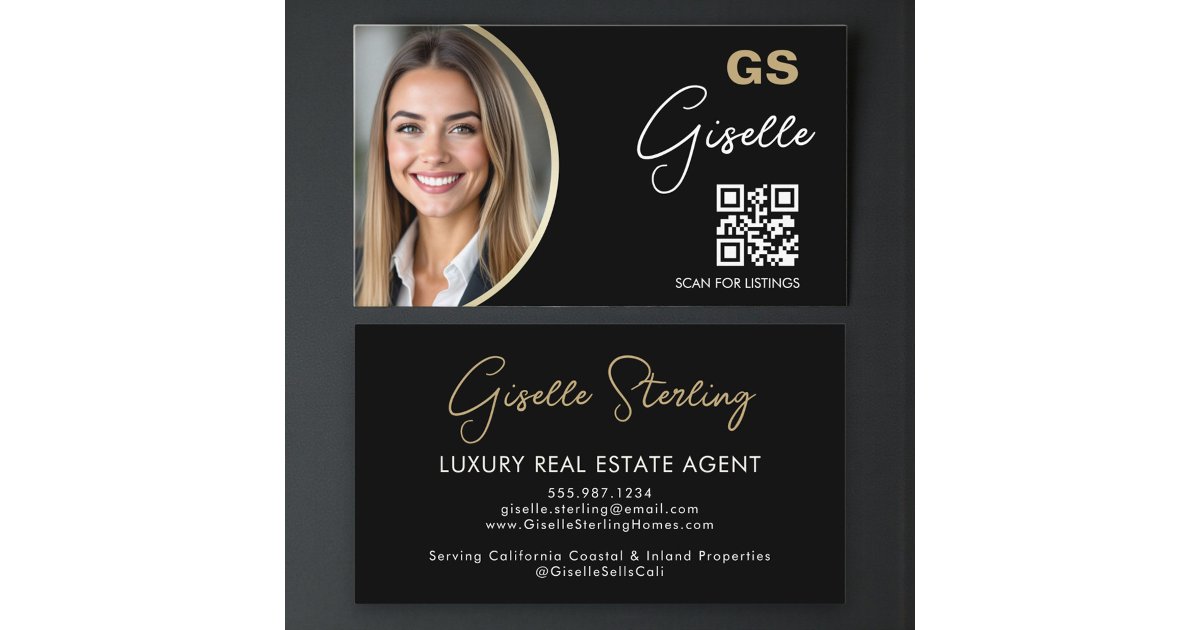 Luxury Real Estate Agent QR Code Black Gold Photo Business Card | Zazzle