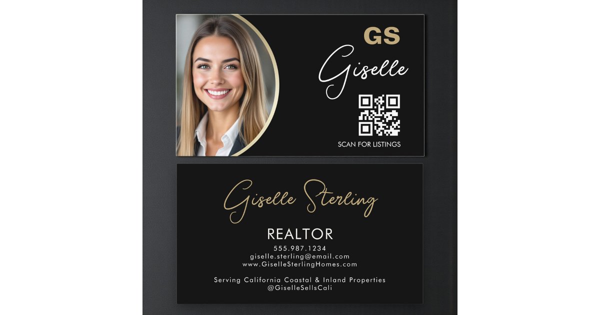 Luxury Realtor QR Code Black Gold Photo Business Card | Zazzle