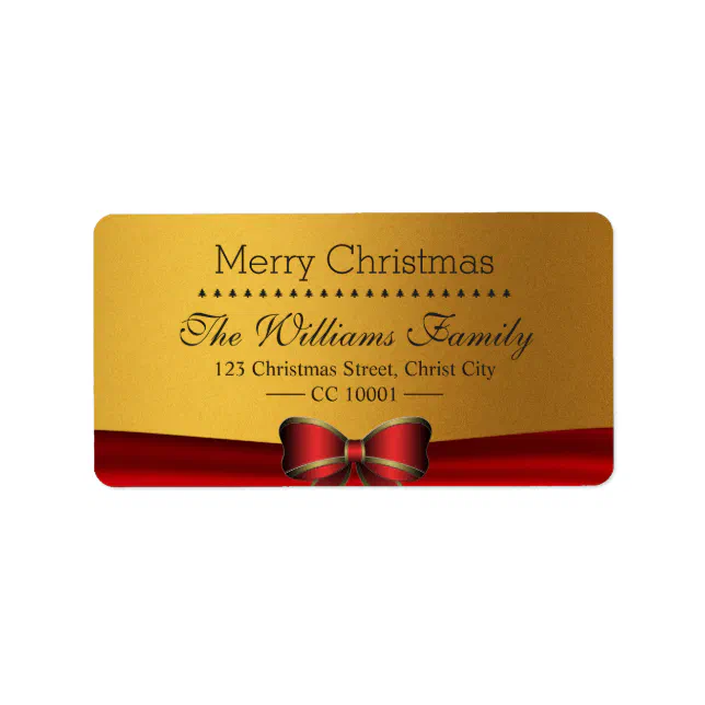Luxury Red Ribbon & Gold Glitter Christmas Address Label | Zazzle
