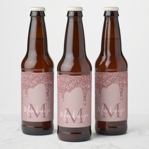 Luxury Rose Gold Dripping Glitter Monogram Beer Bottle Label | Zazzle