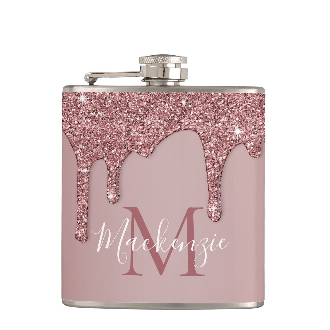 Luxury Rose Gold Dripping Glitter Monogram Flask | Zazzle