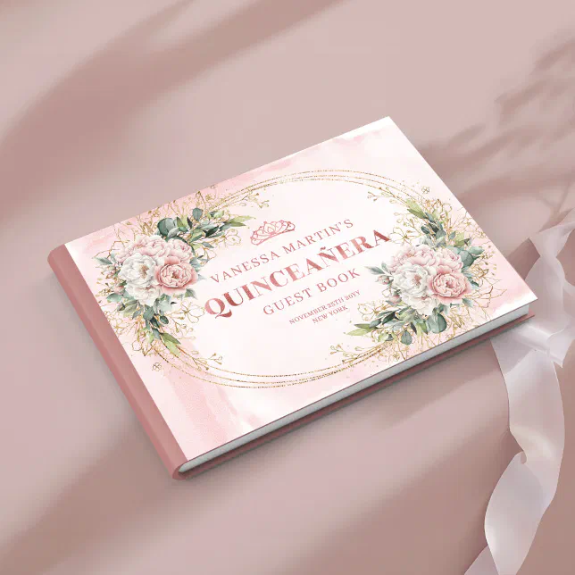 Luxury Rose Gold Floral Greenery Quince Sign In Guest Book | Zazzle