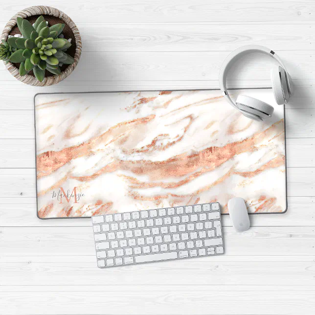 Luxury Rose Gold Foil Marble Monogram Desk Mat | Zazzle