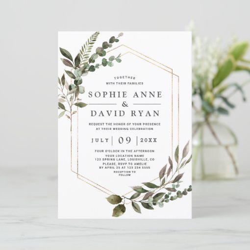 Luxury Rose Gold Geometric Greenery Wedding Invitation Zazzle 5124