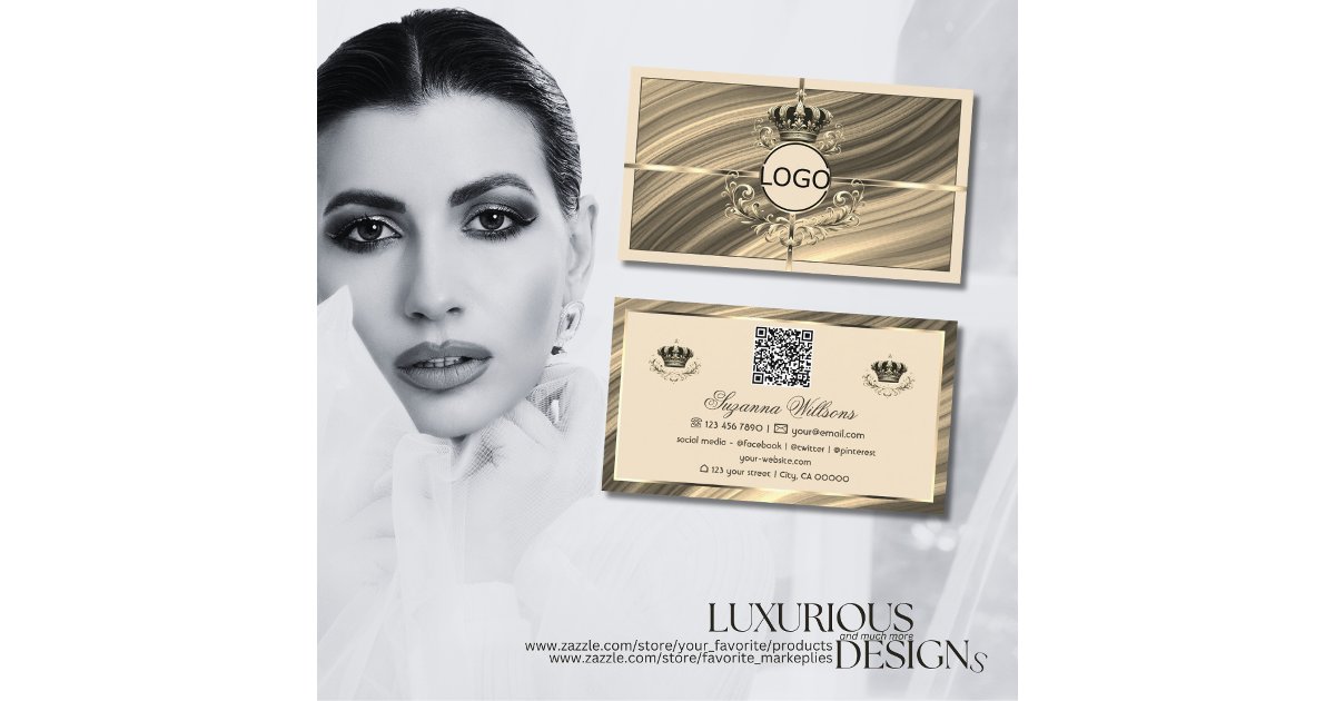 Luxury Royal Beige Gold Crown with Logo QR Code Business Card | Zazzle