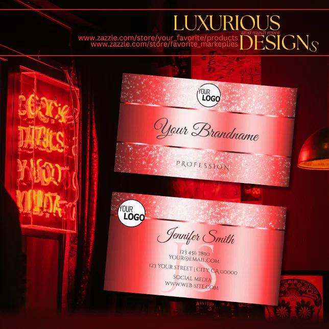 Luxury Ruby Red Sparkle Glitter Logo and Monogram Business Card | Zazzle