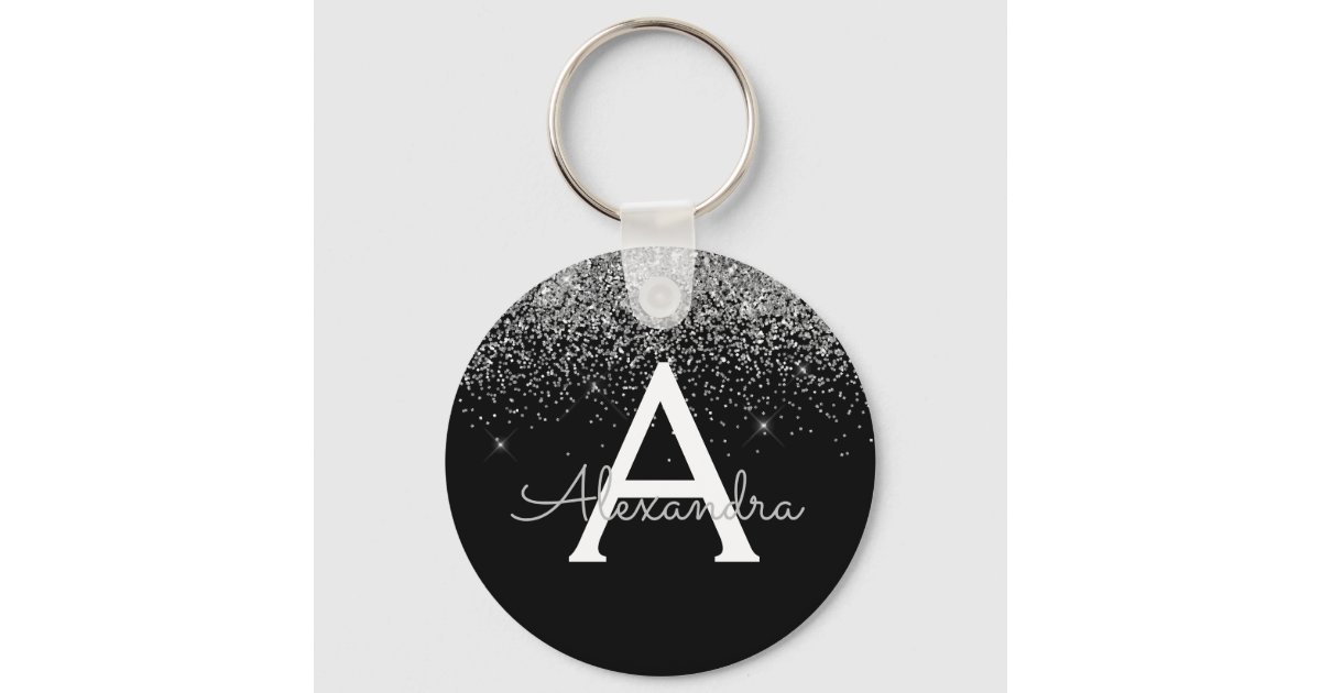Luxury Silver Black Glitter Monogram Keychain | Zazzle
