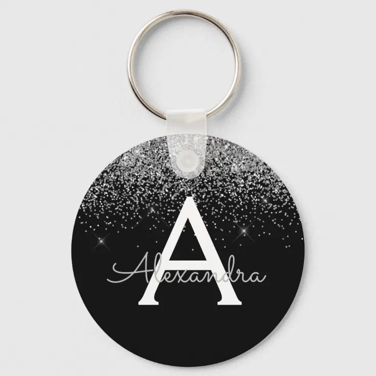 Luxury Silver Black Glitter Monogram Keychain | Zazzle