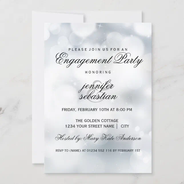 Luxury Silver Bokeh Light Chic Engagement Party Invitation | Zazzle