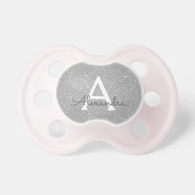 Luxury Silver Glitter & Sparkle Monogram Baby Pacifier | Zazzle