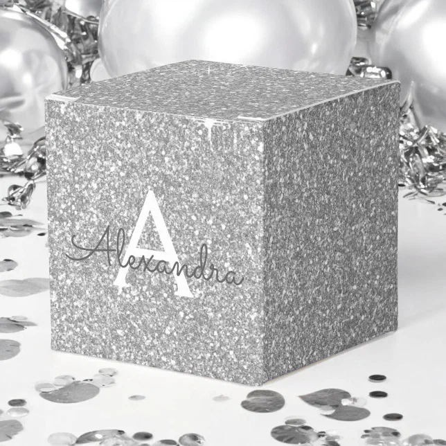 Luxury Silver Glitter & Sparkle Monogram Favor Boxes | Zazzle