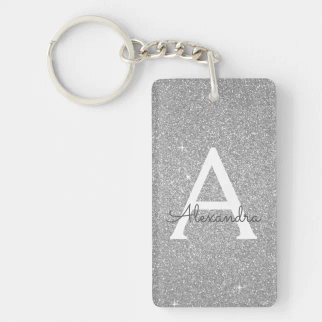 Luxury Silver Glitter & Sparkle Monogram Keychain | Zazzle
