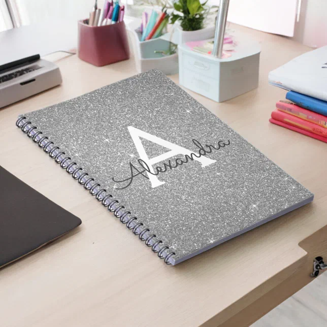 Luxury Silver Glitter Sparkle Monogram Notebook | Zazzle