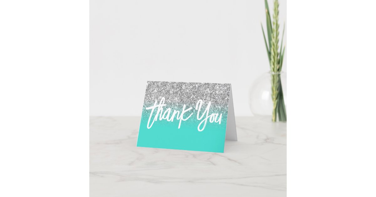 Luxury Silver Glitter Turquoise Ombre Thank You Card | Zazzle