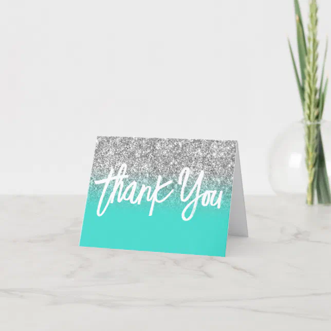 Luxury Silver Glitter Turquoise Ombre Thank You Card | Zazzle