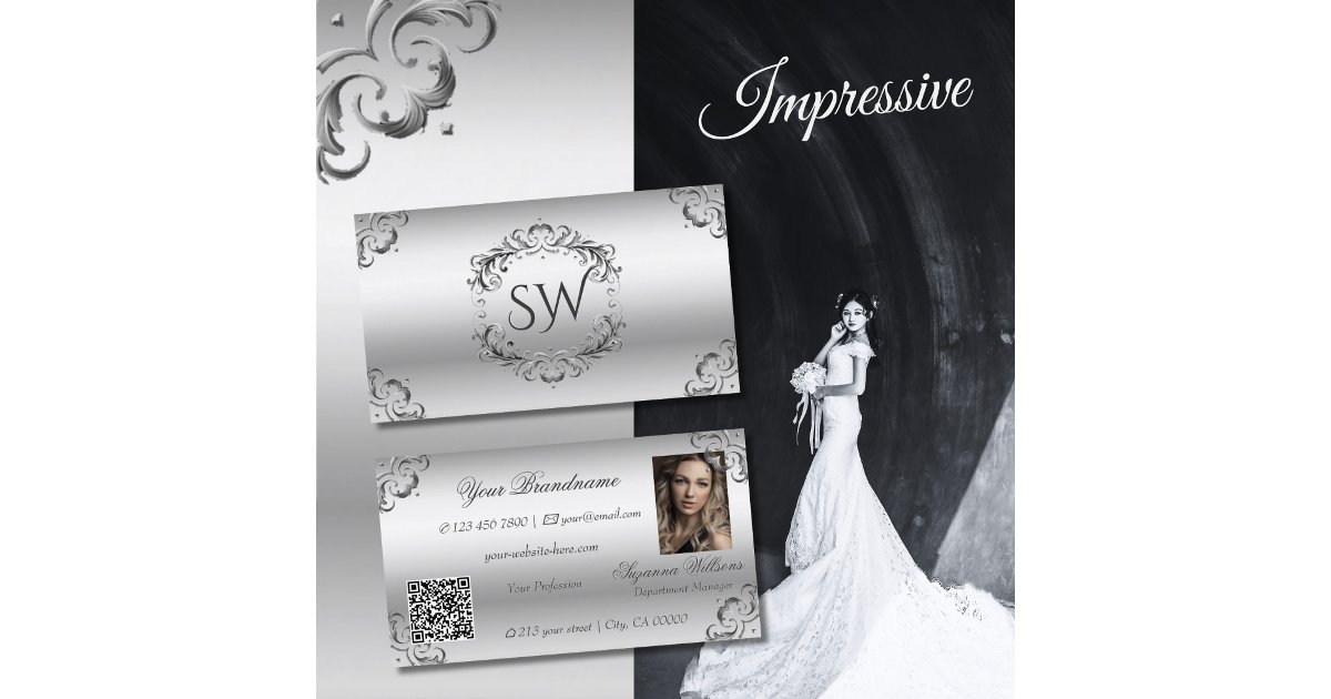 Luxury Silver Ornate Decor Monogram Photo QR Code Business Card | Zazzle