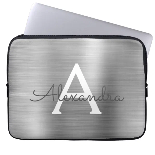 Luxury Silver Stainless Steel Monogram Laptop Sleeve | Zazzle