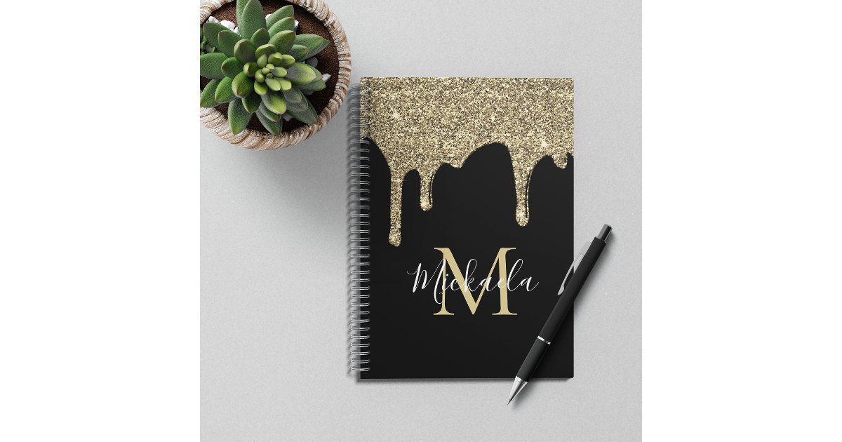Luxury Sparkle Gold Glitter Drips Monogram Notebook | Zazzle