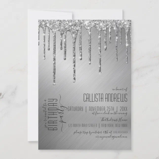 Luxury Sparkly Silver Glitter Drips Birthday Party Invitation | Zazzle