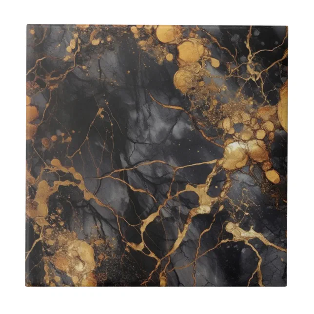 Luxury style black and gold marble effect ceramic tile | Zazzle