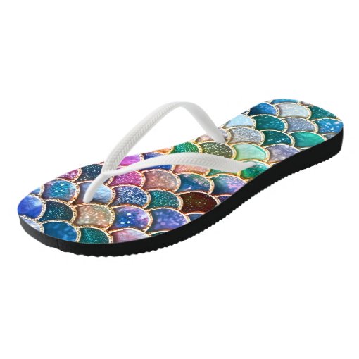 Luxury summerly multicolor Glitter Mermaid Scales Flip Flops | Zazzle