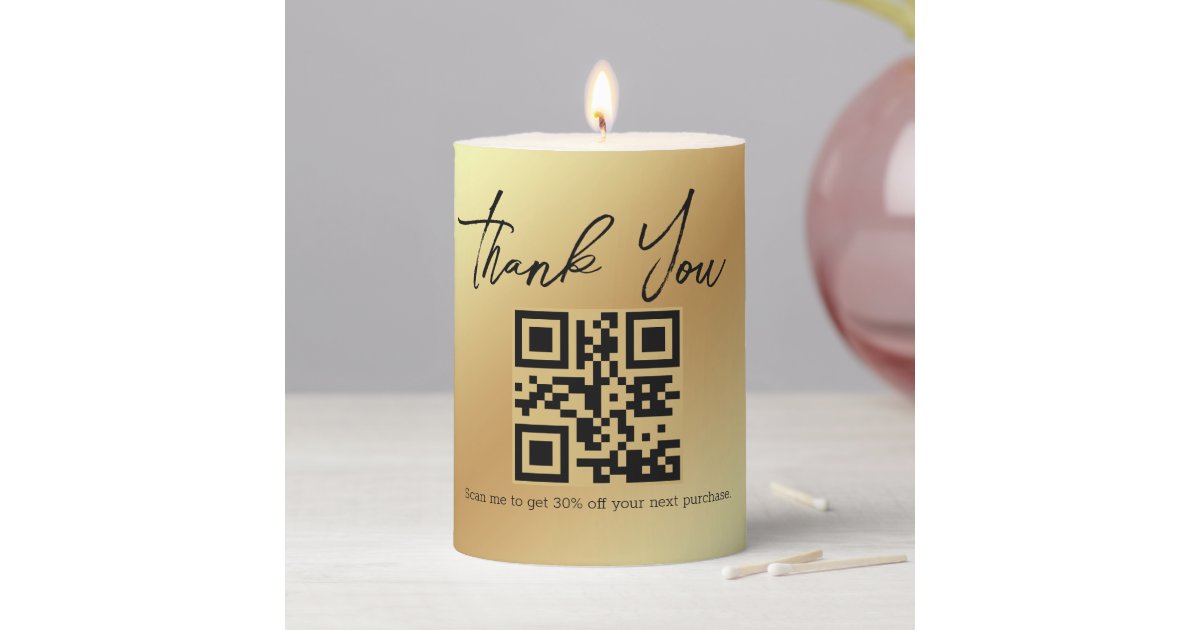 luxury thank you business qr code gold metallic pillar candle | Zazzle