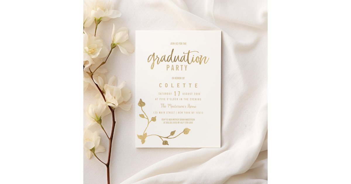 Luxury white gold leaf stem glam Graduation Party Invitation | Zazzle