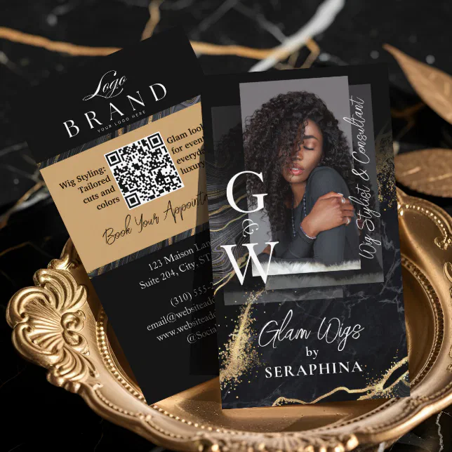 Luxury Wig Hair Stylist Salon Black Gold Agate Business Card | Zazzle