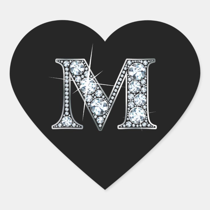 "M" Diamond Bling on Black Heart Sticker | Zazzle