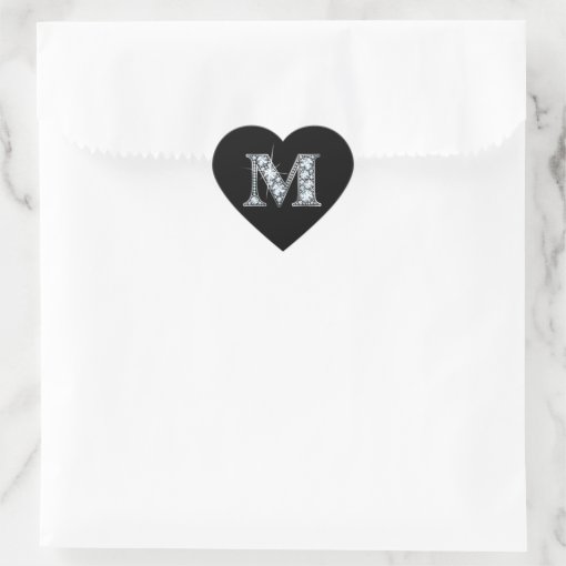 "M" Diamond Bling on Black Heart Sticker | Zazzle
