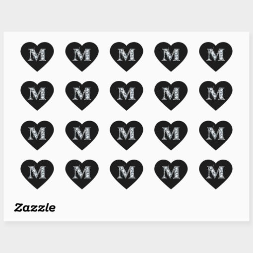 "M" Diamond Bling on Black Heart Sticker | Zazzle