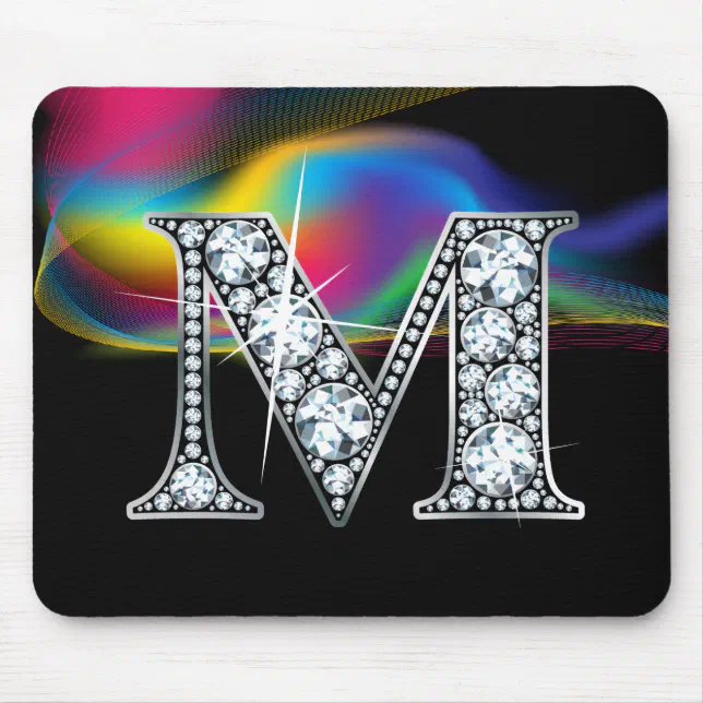 "M" Diamond Bling with Rainbow Swirl Mousepad | Zazzle
