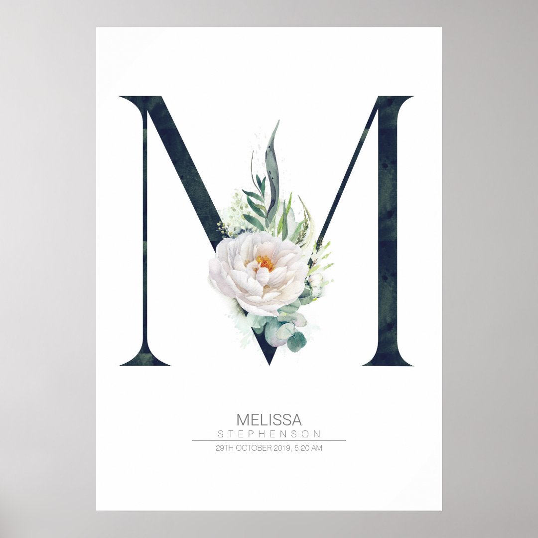 M Letter Monogram White Flowers and Greenery Poster | Zazzle