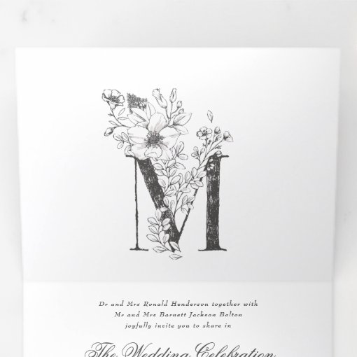 'M' Monogram Beautiful Sketched Floral Wedding Tri-Fold Invitation | Zazzle