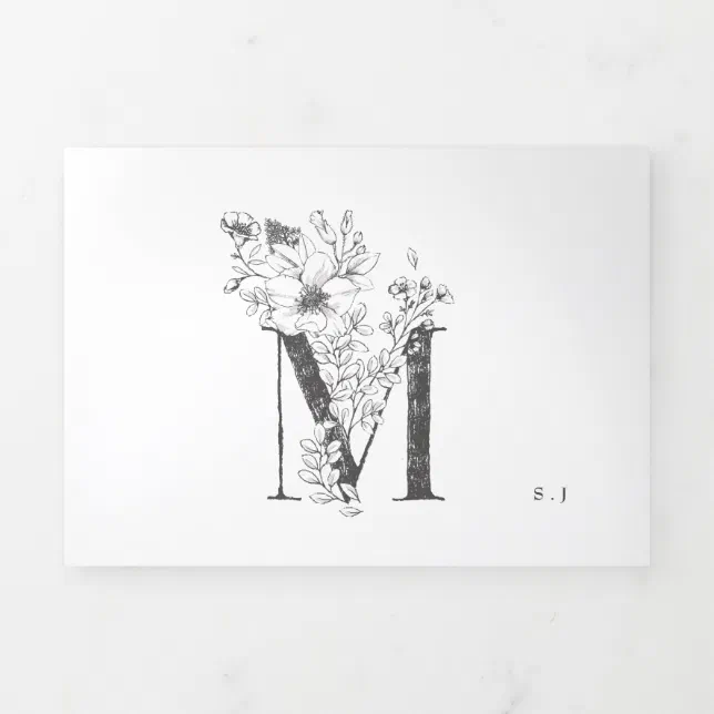 'M' Monogram Beautiful Sketched Floral Wedding Tri-Fold Invitation | Zazzle